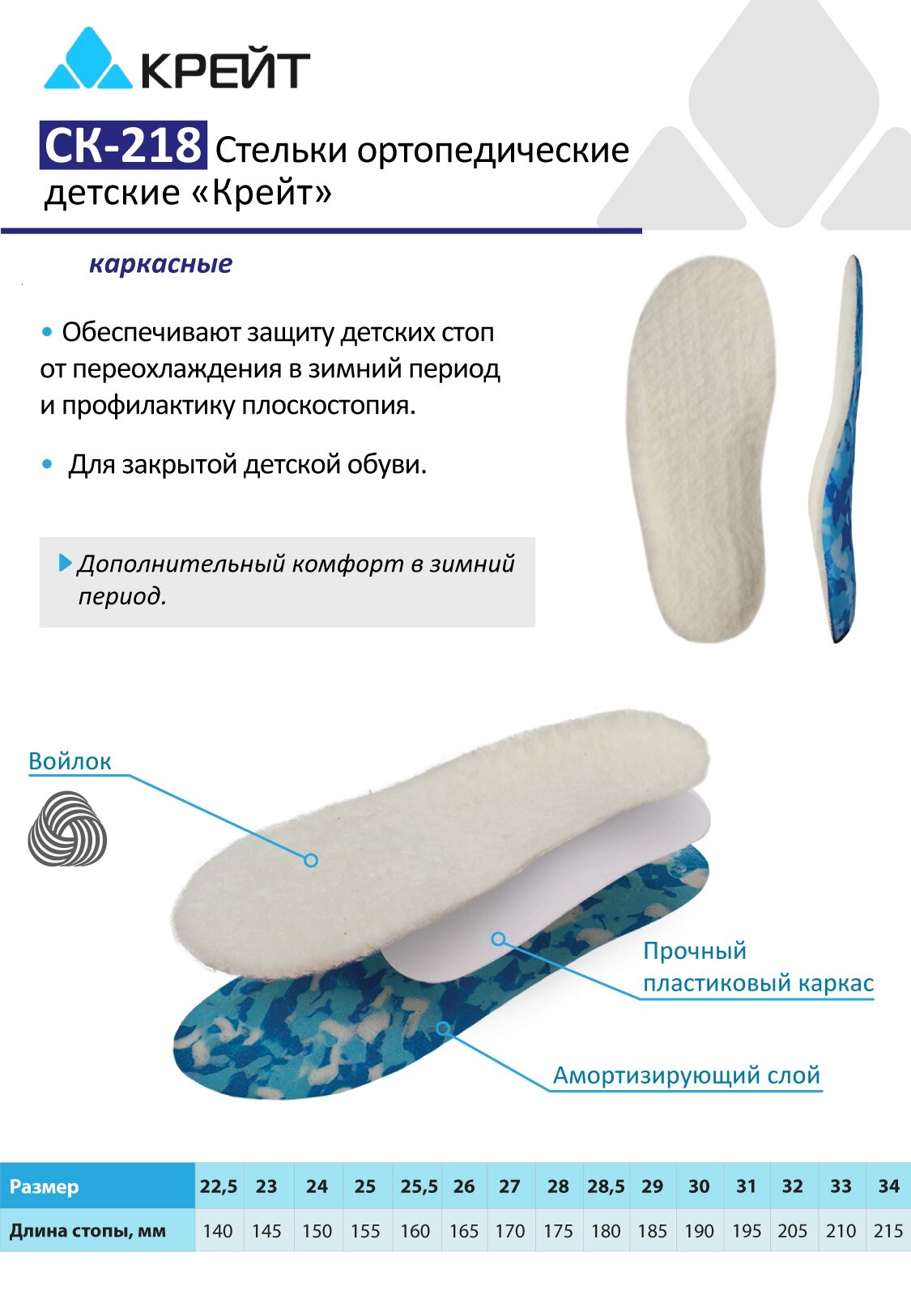 Стельки ортопедические детские зимние, каркасные, "Крейт", размер 32