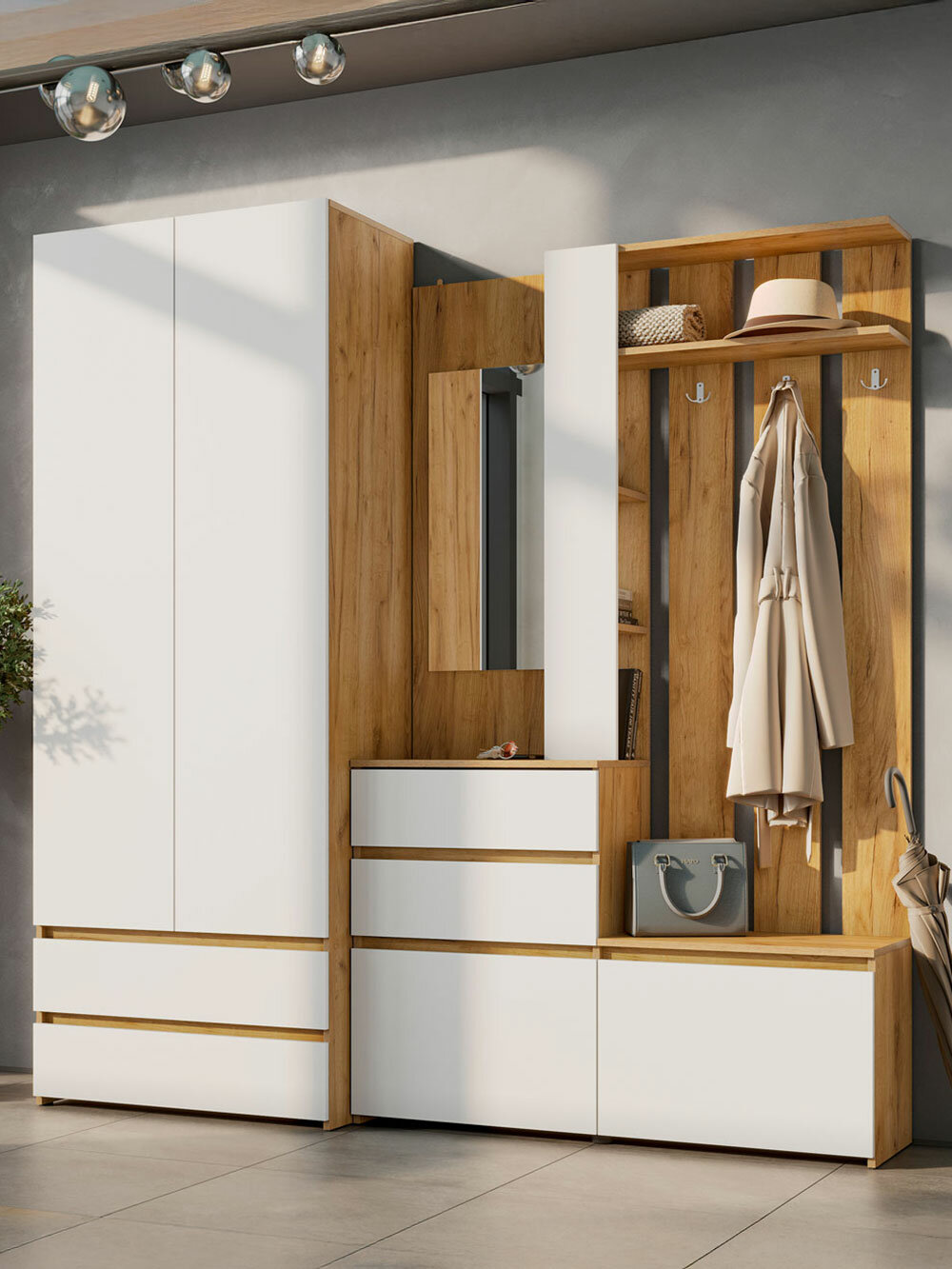 Прихожая комплект Некст со шкафом, с вешалкой, с ящиками, со штангой для одежды, 200.2х46х210 см, Дуб золотой / Белый
