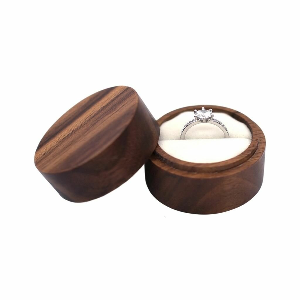 Круглая коробочка для колец из черного ореха -одинарная белая-без надписи