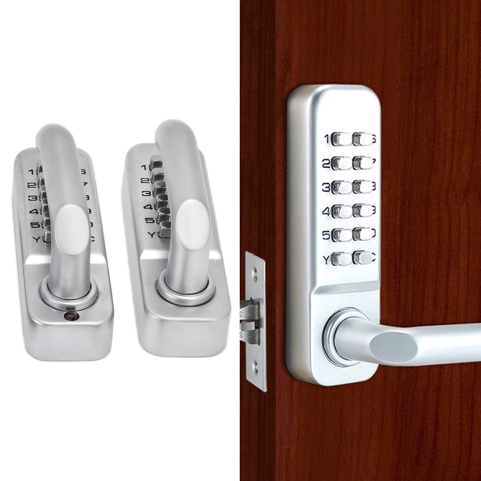 Механический комбинационный замок с двусторонней ручкой для оградных дверей из кованого железа, дверной замок для ворот дома, материал цинковый сплав, вес approx. 1788g / 63.1oz, цвет серебристый, размер продукта approx. 142x42x72mm / 5.6x1.7x2.8in,