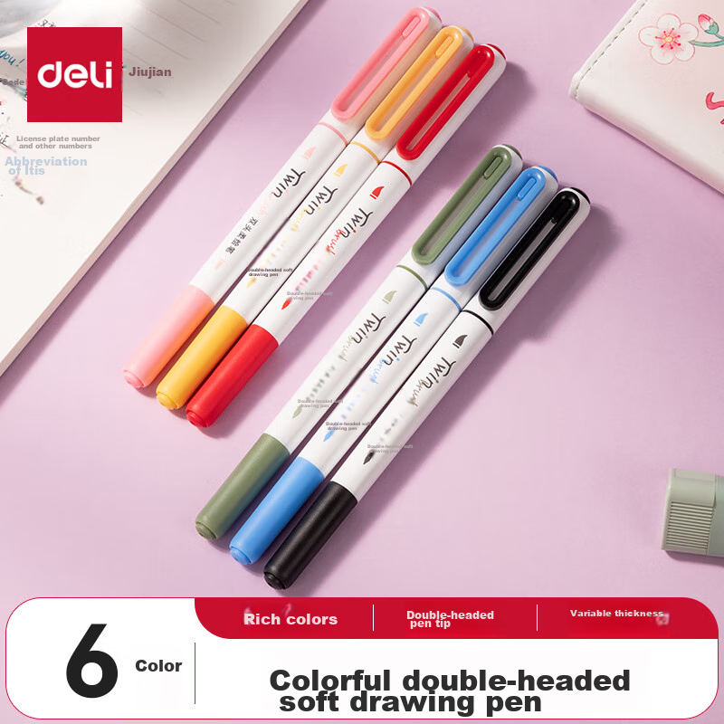 Deli Colored Soft Drawing Pens, Outline Pens, Art Drawing Pens, Coloring Pens for Journaling, Highlighting Markers, Water-Based Markers, 6 Pens/box, SU105