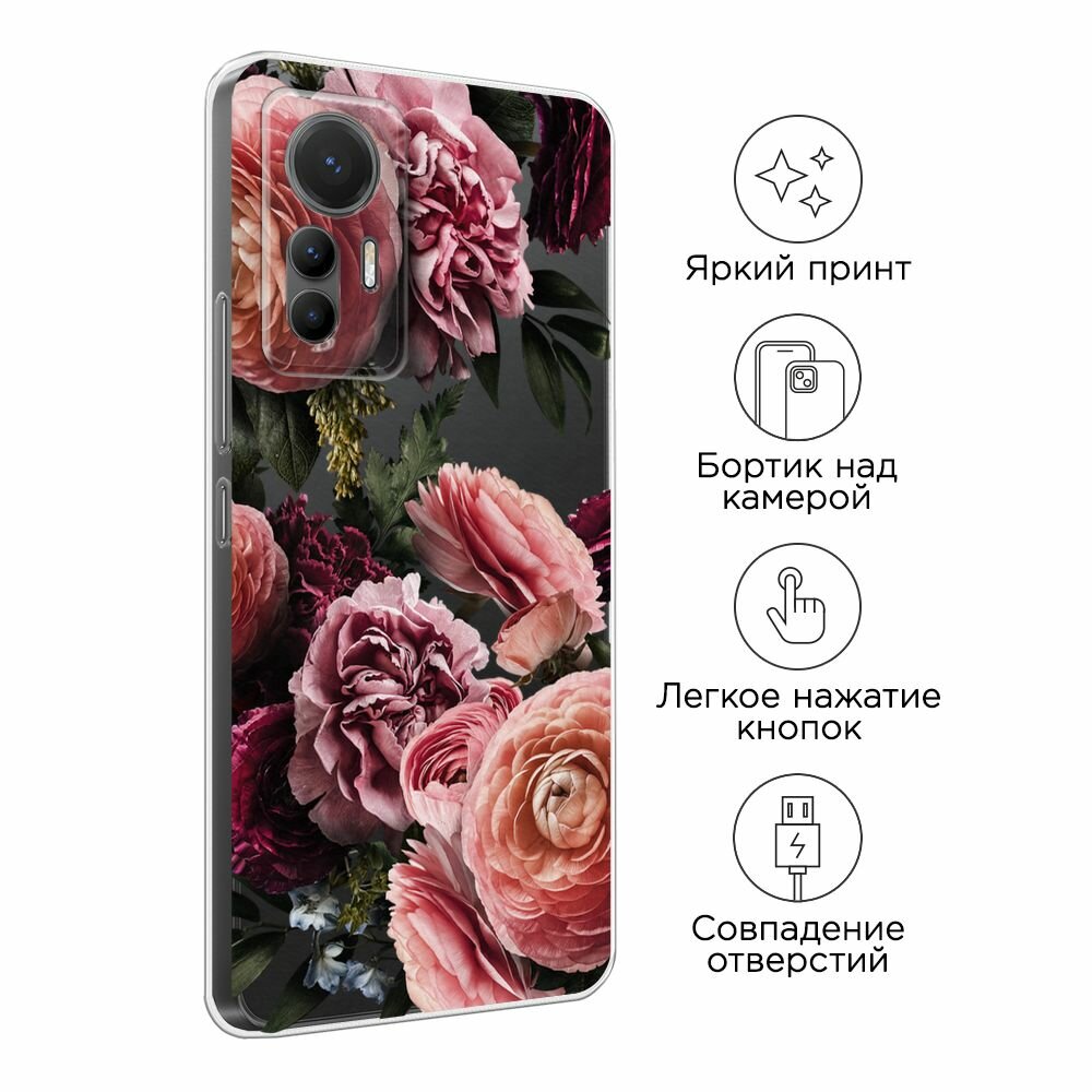 Чехол на Xiaomi 12 Lite / Сяоми 12 Лайт с принтом "Бордовые винтажные цветы", прозрачный — фото 1