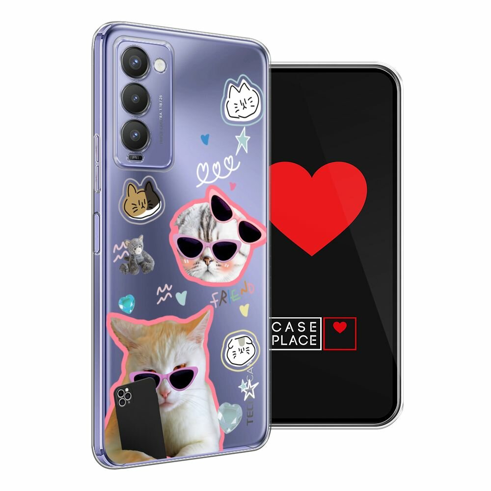 Чехол на Tecno Camon 18/18T / Текно Камон 18/18T с принтом "Котики в очках 2", прозрачный — фото 1