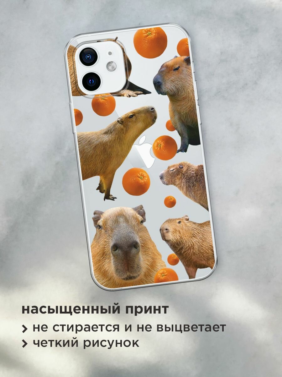 Чехол на Apple iPhone 12/12 Pro / Айфон 12/12 Про с принтом Капибара и апельсины, прозрачный — фото 1