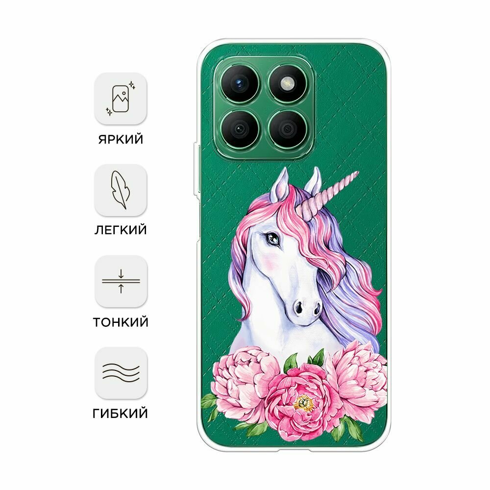 Чехол на Honor X8B / Хонор X8B с принтом Единорог с пионами, прозрачный — фото 1
