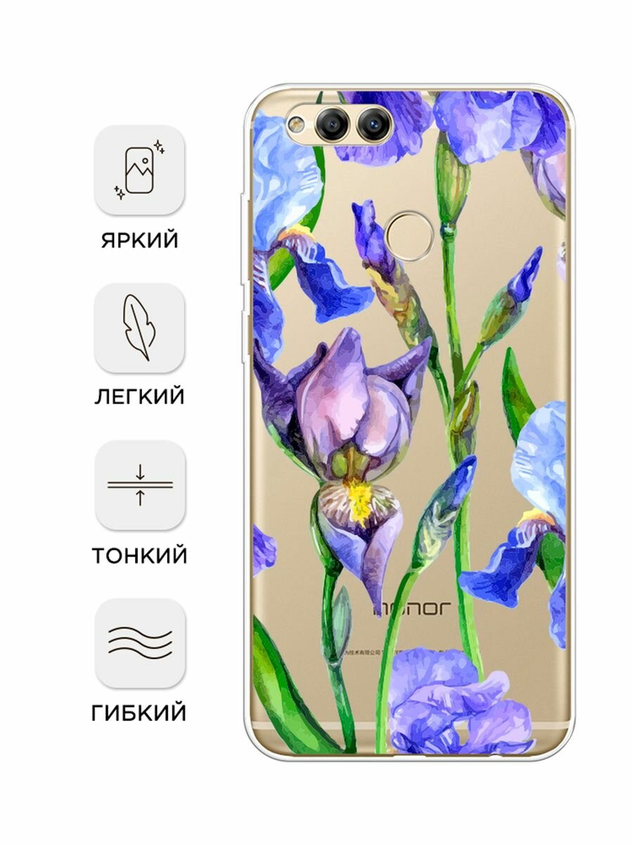 Чехол на Honor 7X / Хонор 7Х с принтом "Синие ирисы", прозрачный — фото 1