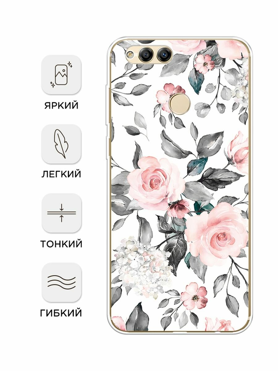 Силиконовый чехол на Honor 7X / Хонор 7Х с принтом "Розы на белом" — фото 1