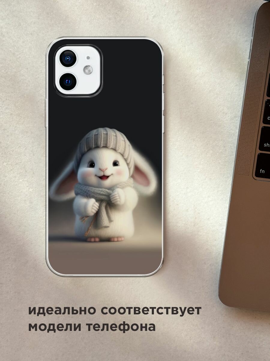 Чехол на Apple iPhone 12/12 Pro / Айфон 12/12 Про с принтом "Белый крольчонок в шапке" — фото 1