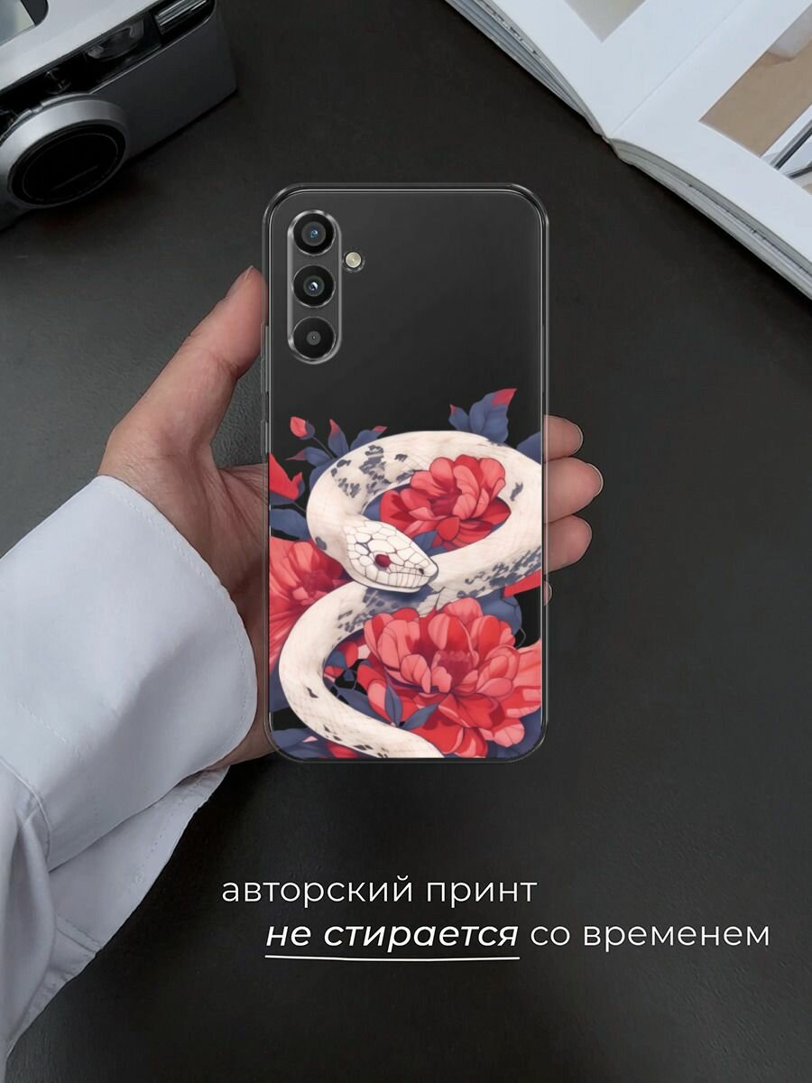 Чехол на Samsung Galaxy A34 / Самсунг A34 с принтом "Белая змея в цветах", прозрачный — фото 1
