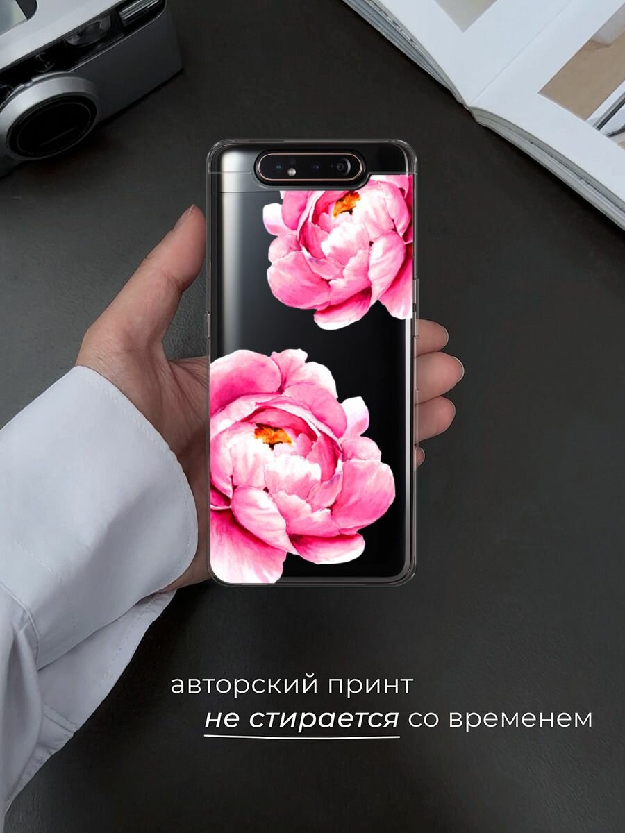 Чехол на Samsung Galaxy A80 / Самсунг Гэлакси A80 с принтом "Open peonies", прозрачный — фото 1