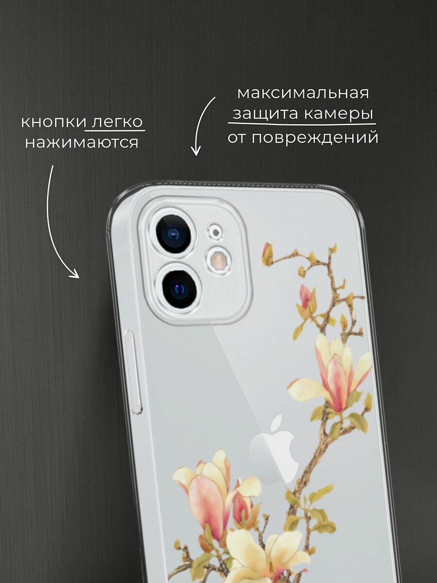 Чехол на Apple iPhone 12 mini / Айфон 12 Мини с принтом "Ветка с цветами", прозрачный — фото 1