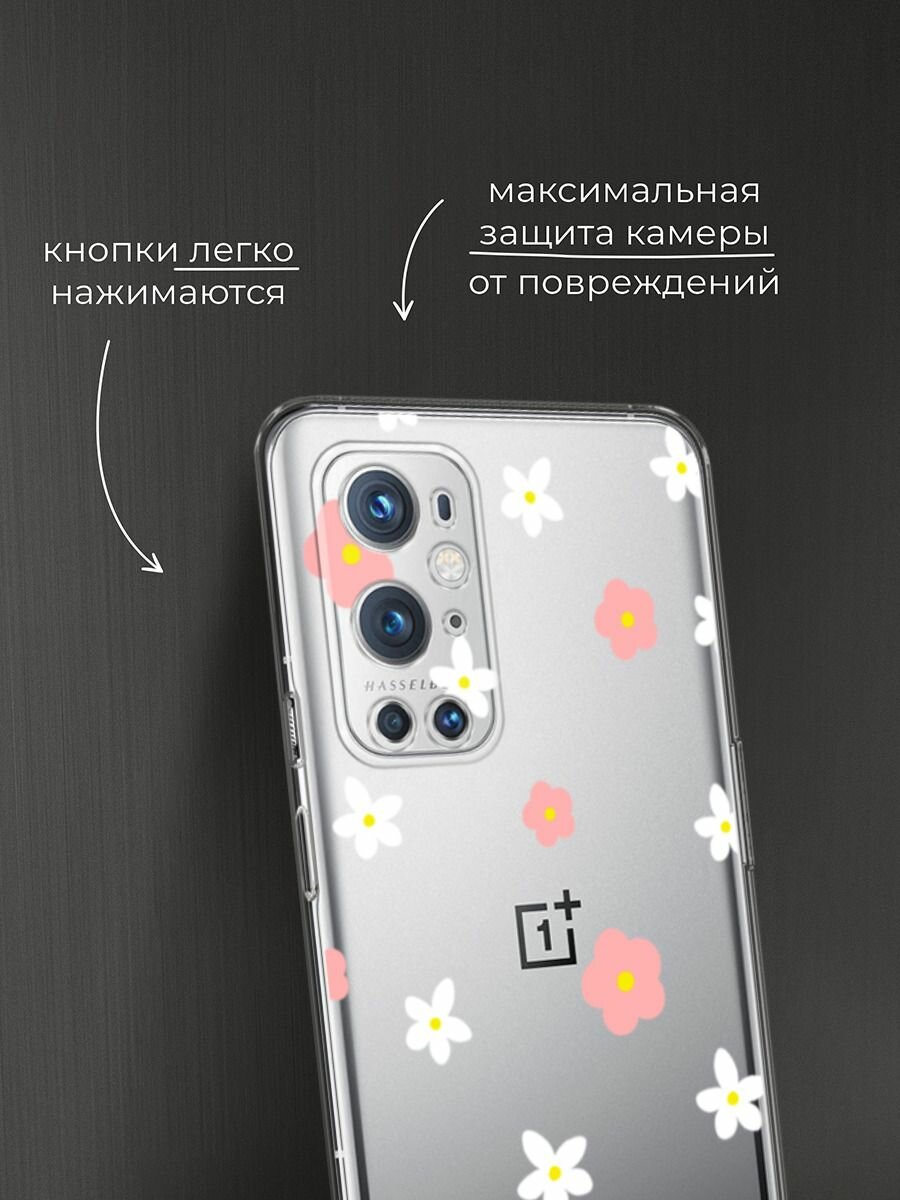 Чехол на OnePlus 9 Pro / ВанПлас 9 Про с принтом "Розовые и белые цветы", прозрачный — фото 1