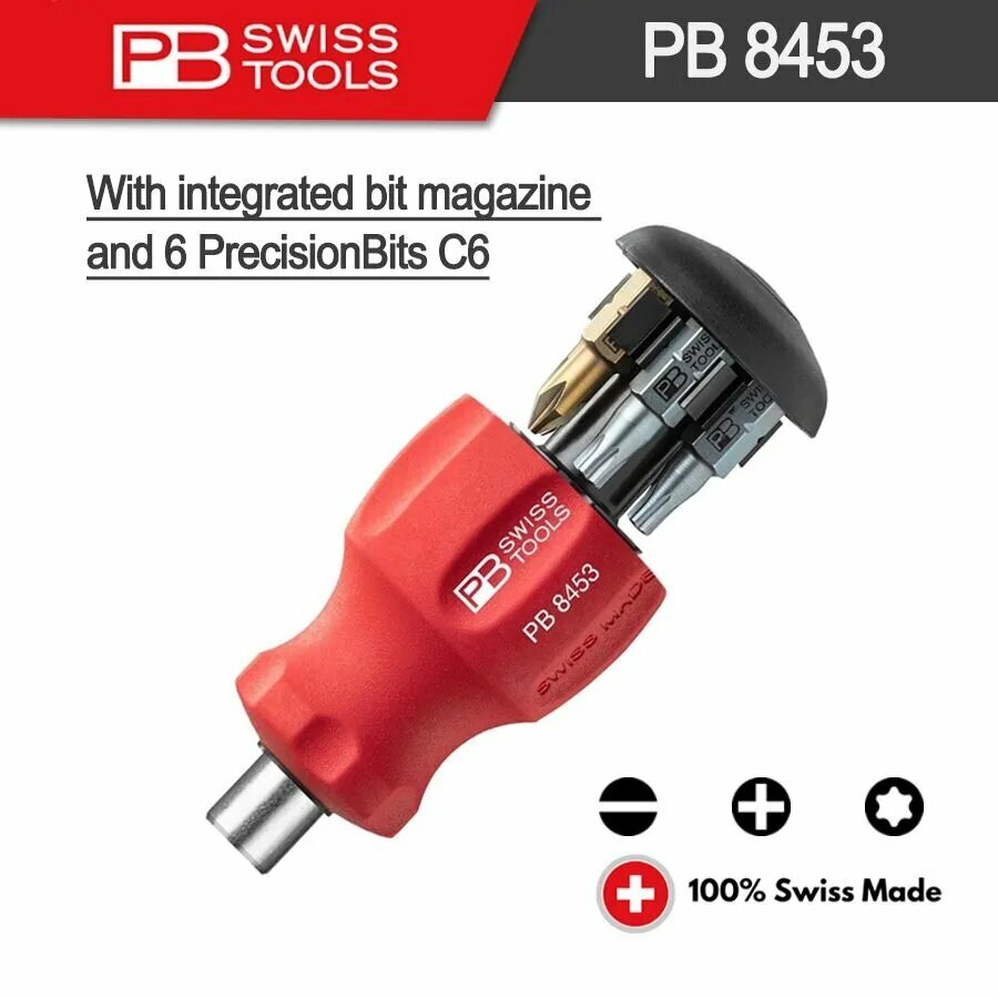 PB SWISS Короткая отвертка 6 в 1 со встроенным магазином для бит, длина 65 мм, NO.8453