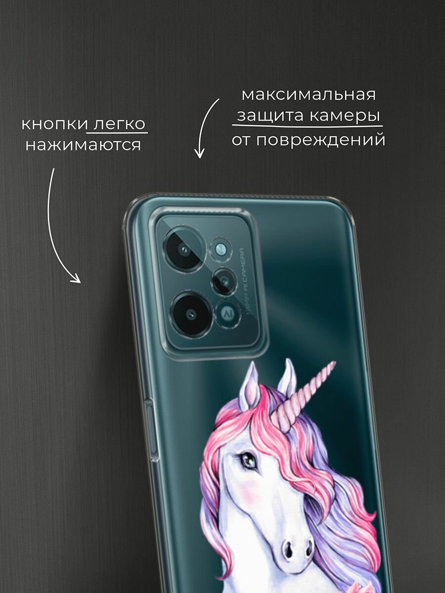 Чехол на Realme C31 / Реалми C31 с принтом "Единорог с пионами", прозрачный — фото 1