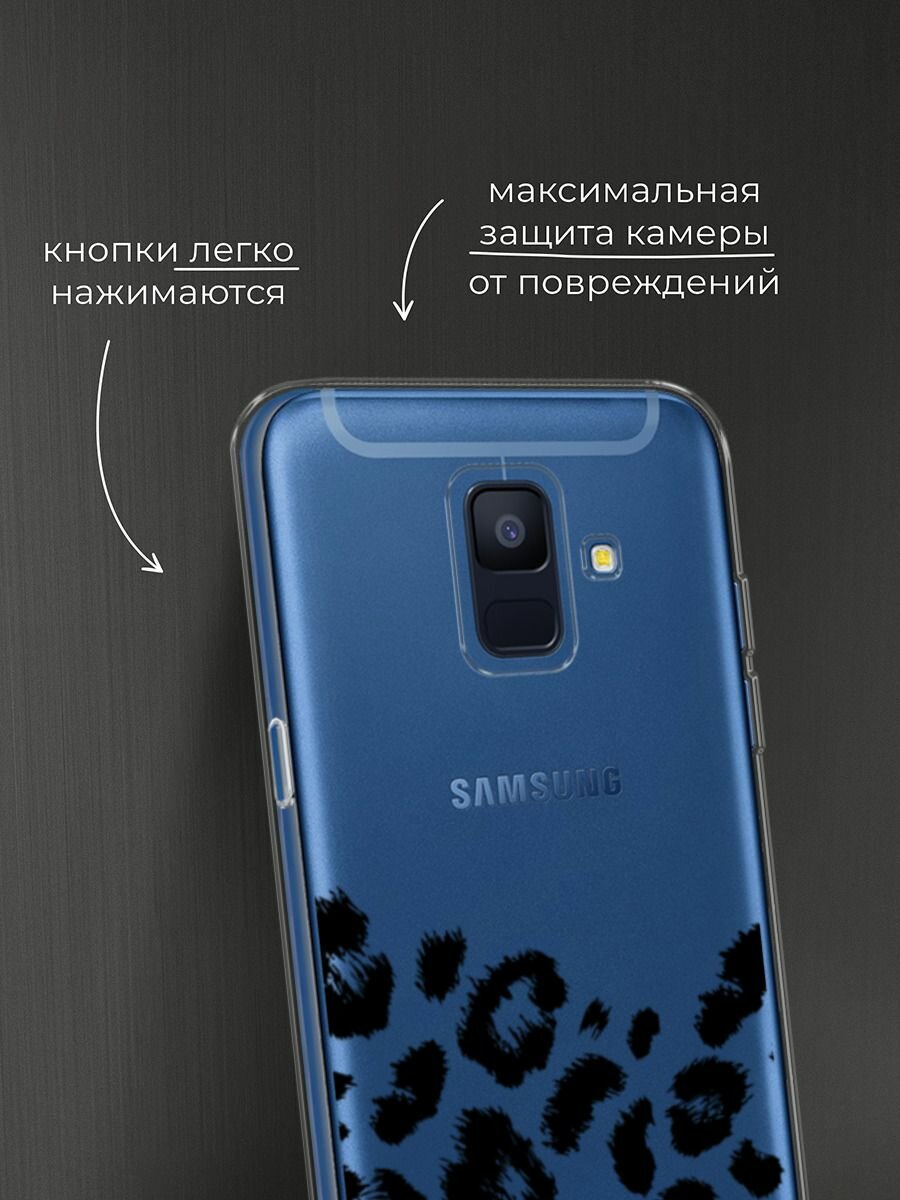 Чехол на Samsung Galaxy A6 / Самсунг Галакси А6 с принтом "Окрас леопарда фон черный", прозрачный — фото 1