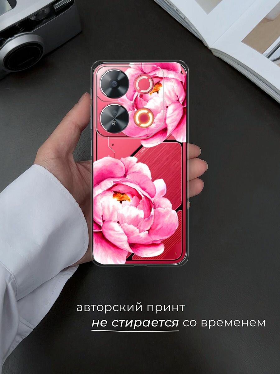 Чехол на Itel P65 / Ител P65 с принтом "Open peonies", прозрачный — фото 1