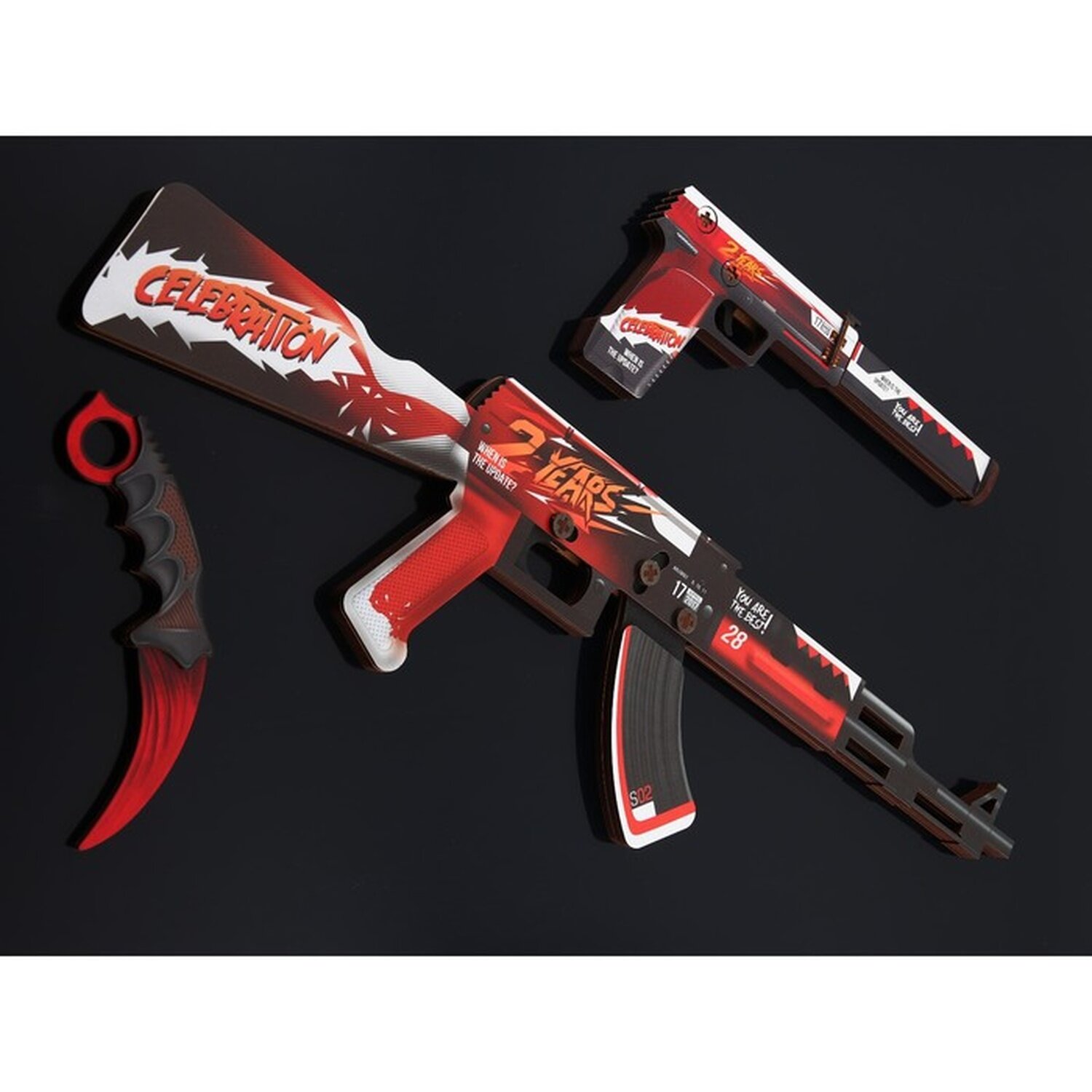 Набор сувенирное оружие "Red", автомат, пистолет с глушителем, керамбит, 3 шт