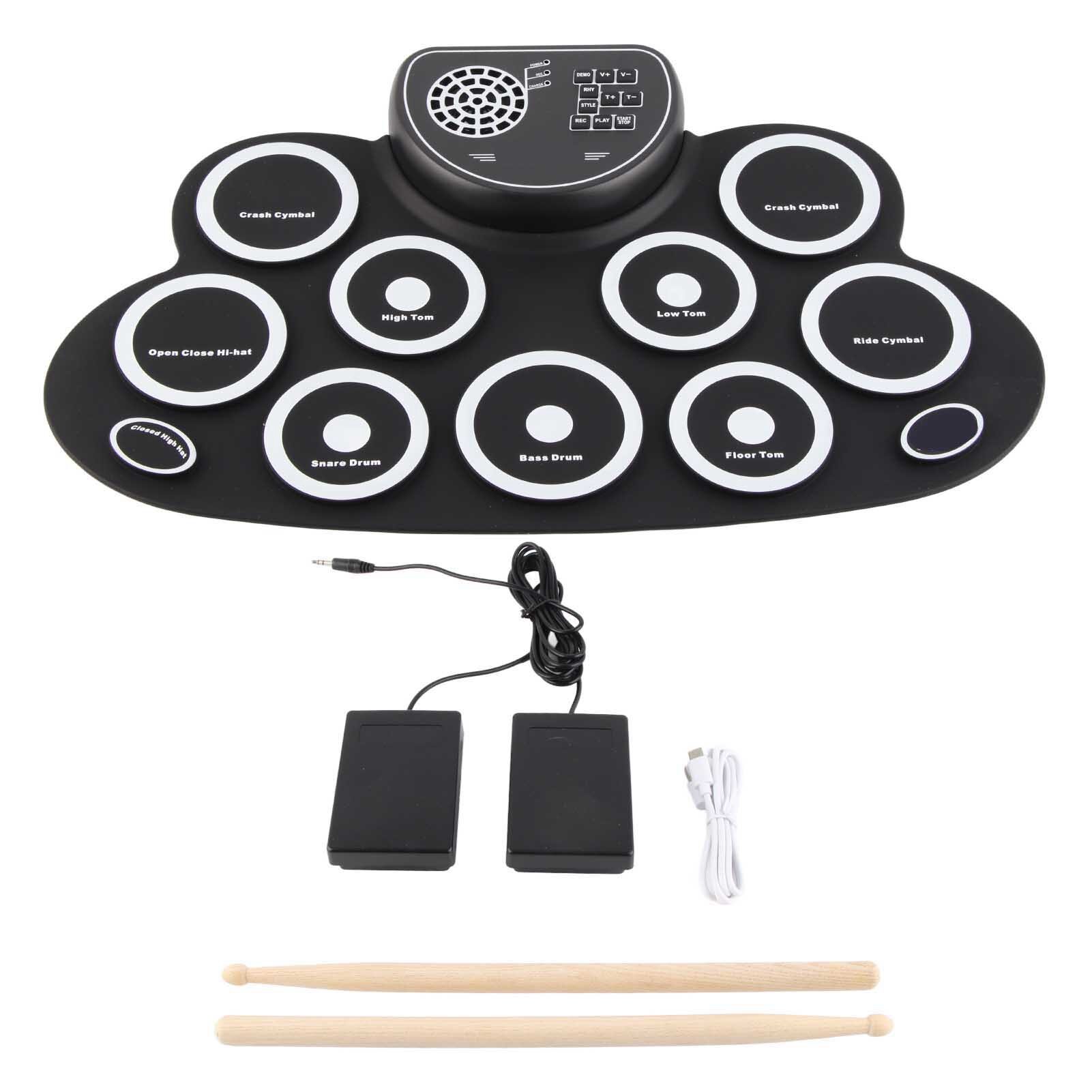 Electronic Drum Set USB Rechargeable Dual Speaker Kids Roll Up Practice Pad White