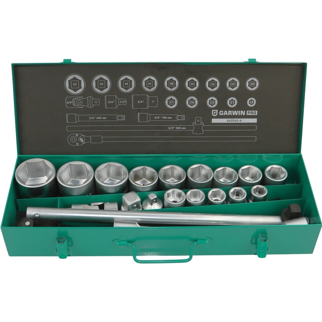 GARWIN PRO 643565-6 Набор торцевых головок 3/4" 6 гр, 19-55 мм, 21 пр.