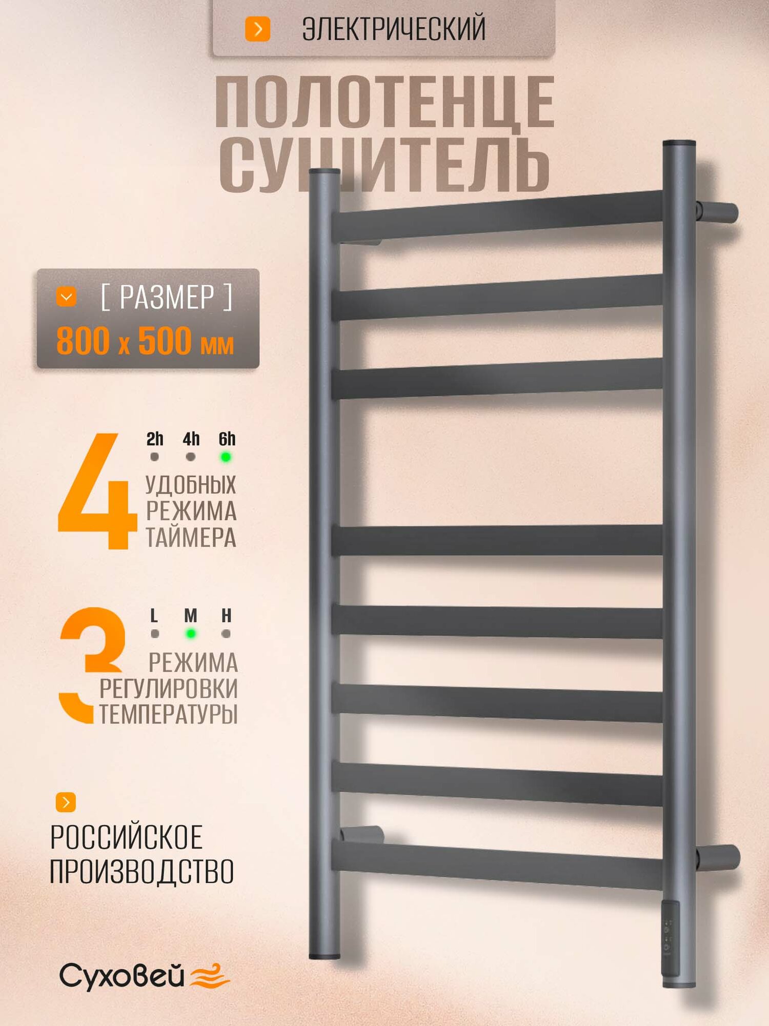 Полотенцесушитель электрический Суховей Соната SSF85001GM 80x50 см, графит матовый / Сушилка для полотенец в ванную, лесенка с терморегулятором