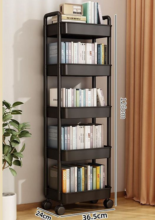 Этажерка напольная, узкая, для ванной и кухни, на колесиках, пластиковая, стеллаж, Пять слоев, 126*36,5*24 см, черное