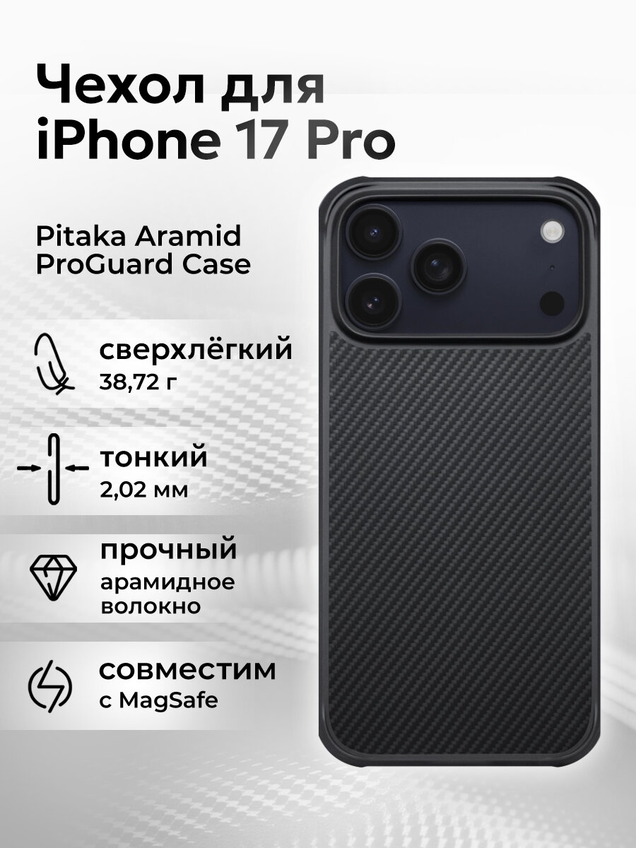 Противоударный чехол PITAKA с амортизирующими накладками для iPhone 17 Pro, Черный