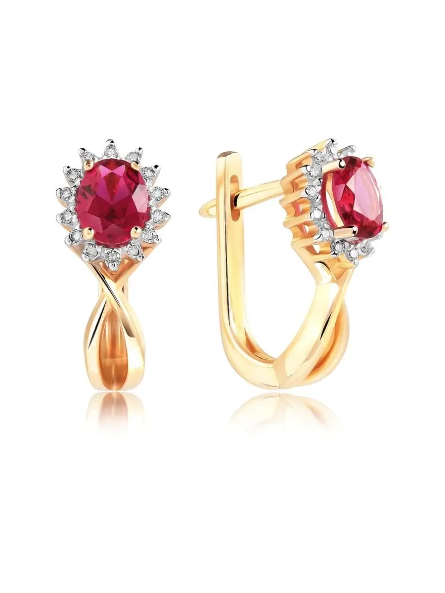 Серьги, красное золото, 585 проба, бриллиант, рубин синтетический
