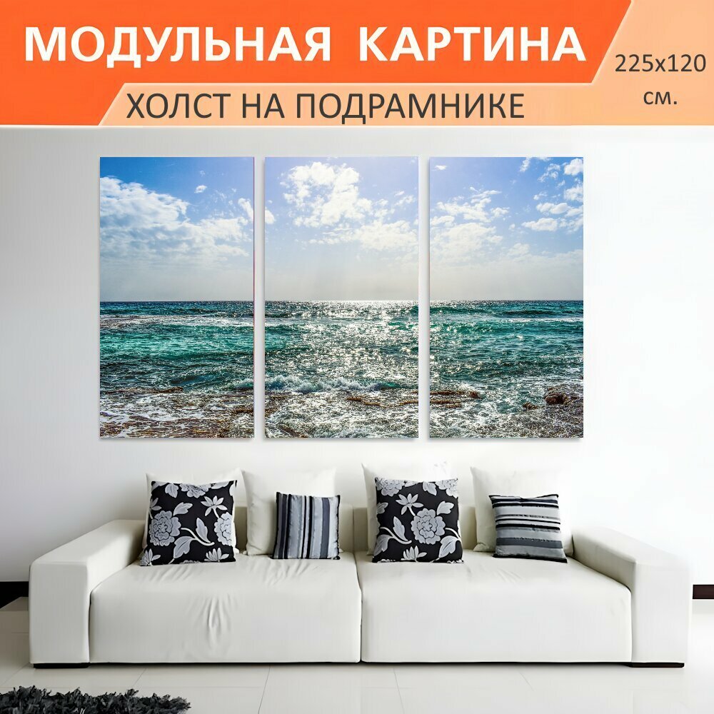 Модульная картина на холсте "Море, небо, облака" триптих на подрамнике 225х120 см. для интерьера