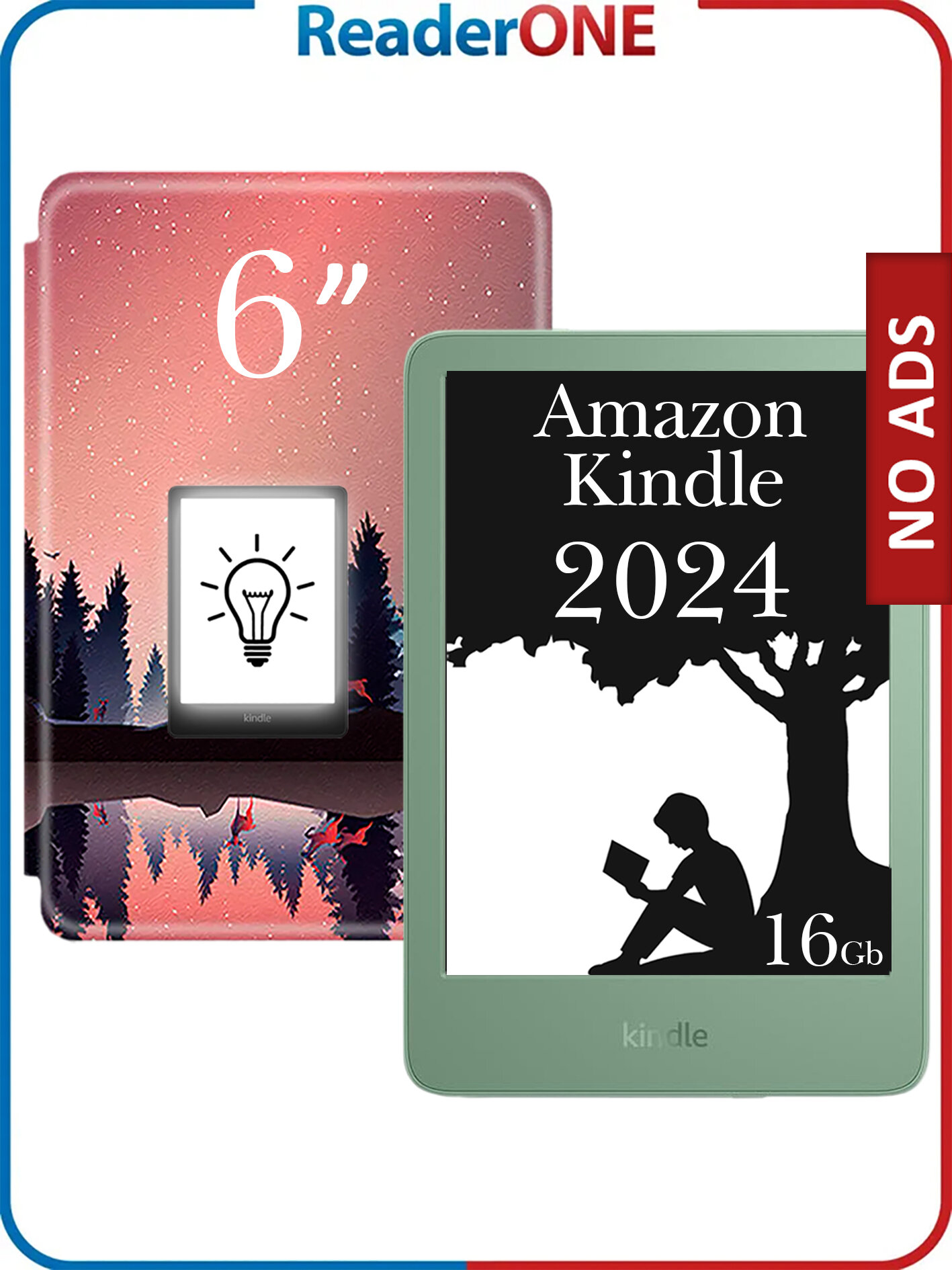 Электронная книга Amazon Kindle 11, 6 дюймов, 2024, 16 Гб, без рекламы, зеленая (Matcha), с обложкой ReaderONE Forest