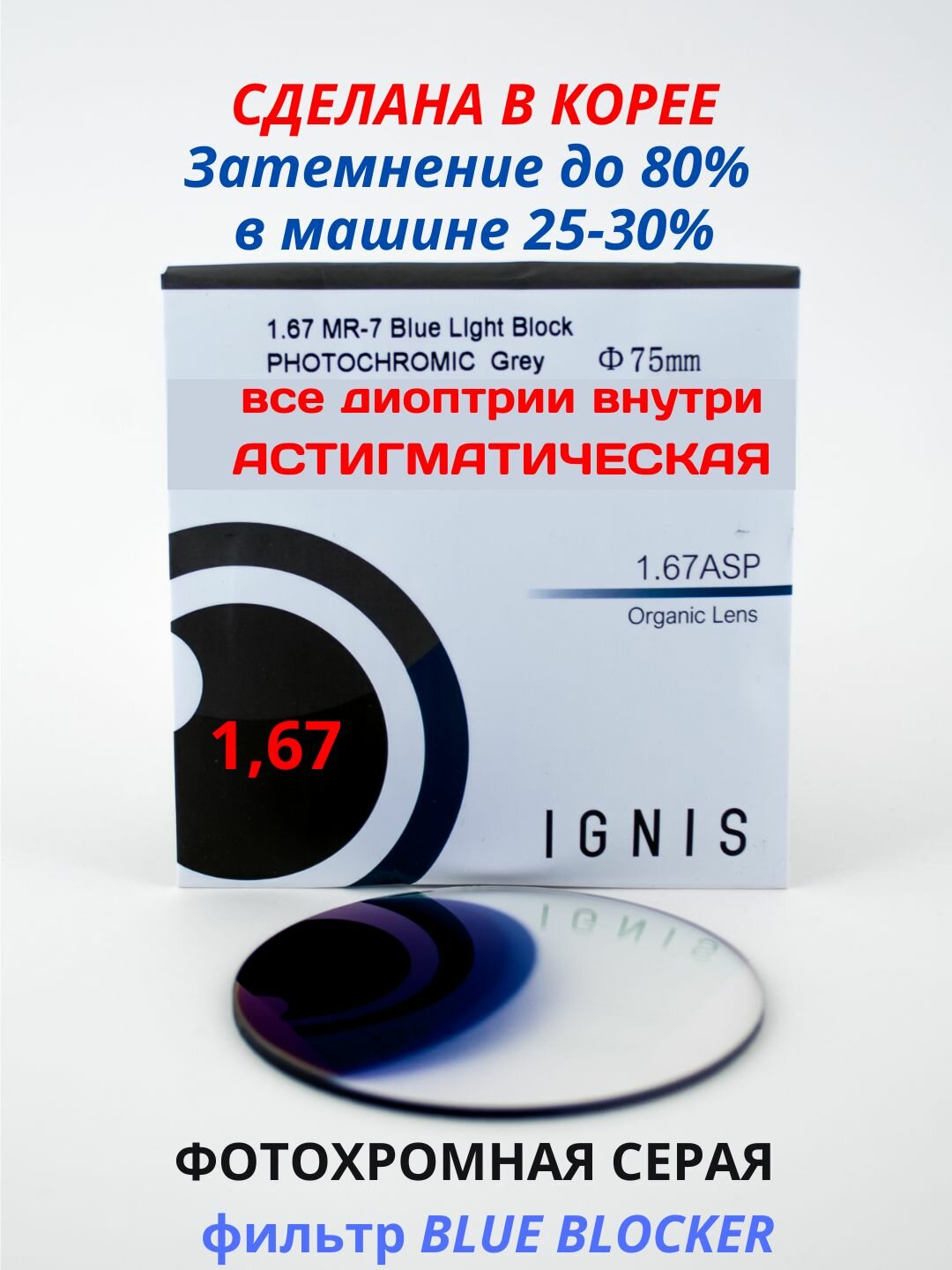 Линза для очков, сфера -7.25 , цил -1.00 BLUE LIGHT BLOCKER PHOTO фотохром серый затемнение 80-90% индекс 1.67