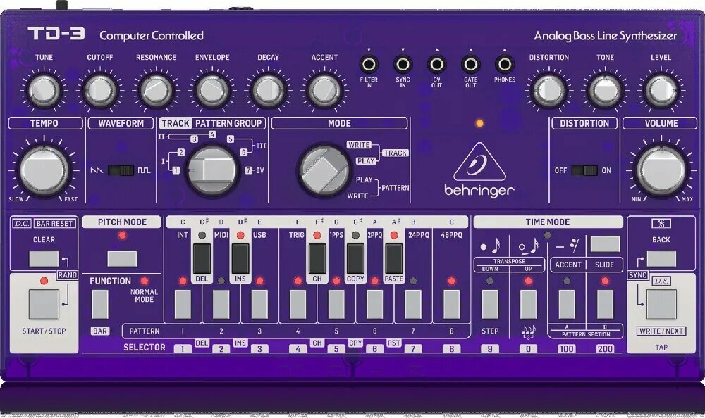 BEHRINGER TD-3-GP Аналоговый басовый синтезатор с 16-ступенчатым секвенсором и фильтрами VCO, VCF и VCA, прозрачный фиолетовый