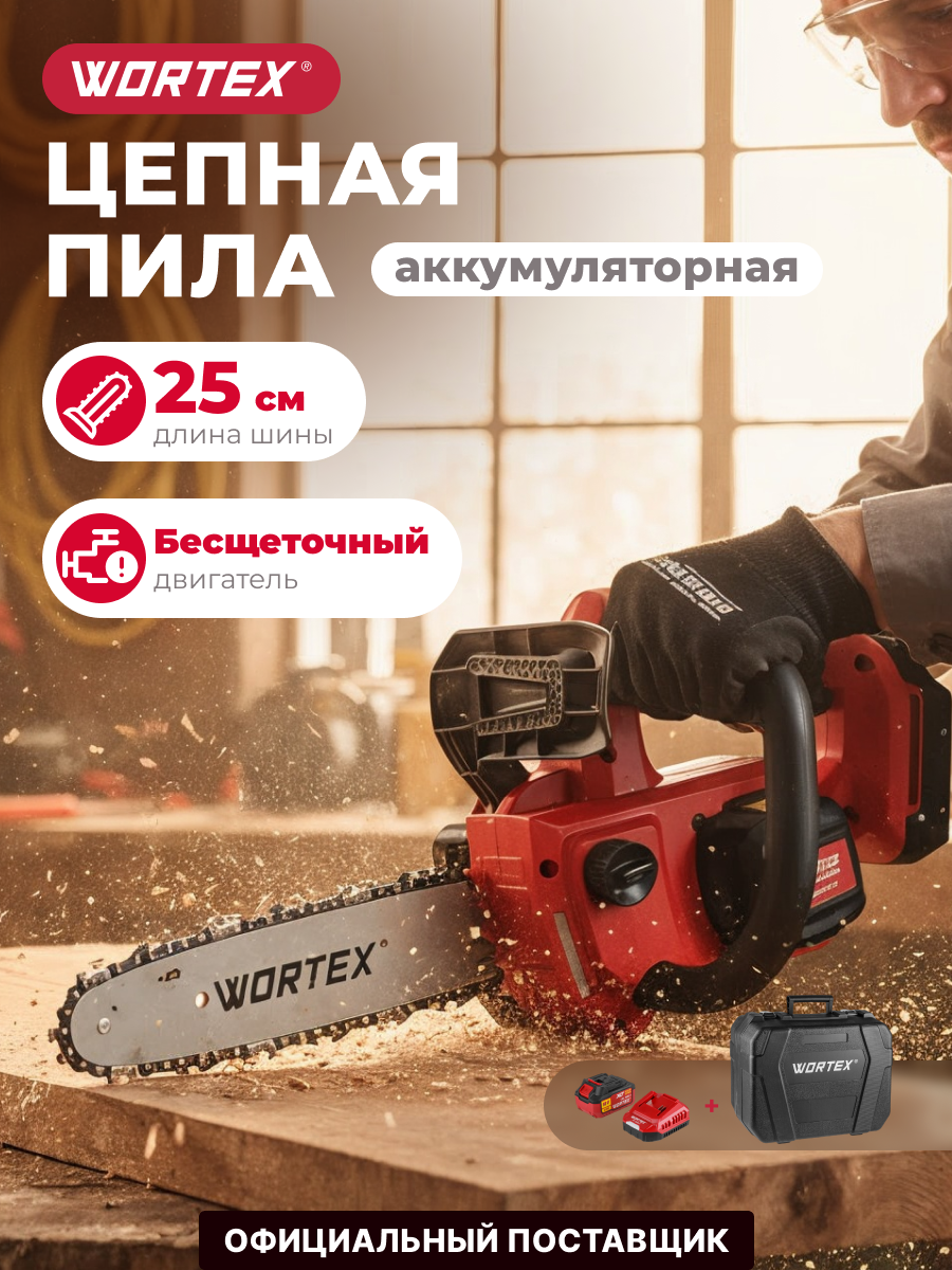 Пила аккумуляторная цепная WORTEX CEC 2518-3 ALL1 XLT SOLO С АКБ и З/У, в кейсе, длина шины 25.4 см (2325004)