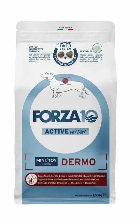 Корм сухой Forza10 "Active VetDiet DERMO mini/toy", для взрослых собак мелких пород с патологиями кожного покрова, 1,5 кг