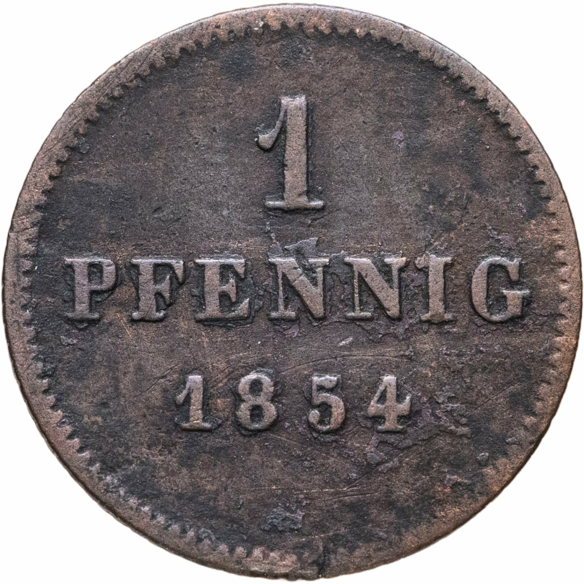 Бавария 1 пфенниг 1854, Медь, в сохранности VF