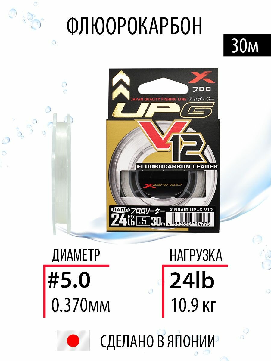 Леска рыболовная флюрокарбон YGK X-Braid UP-G Leader V12 Hard 30m #5.0/24lb прозрачная летняя