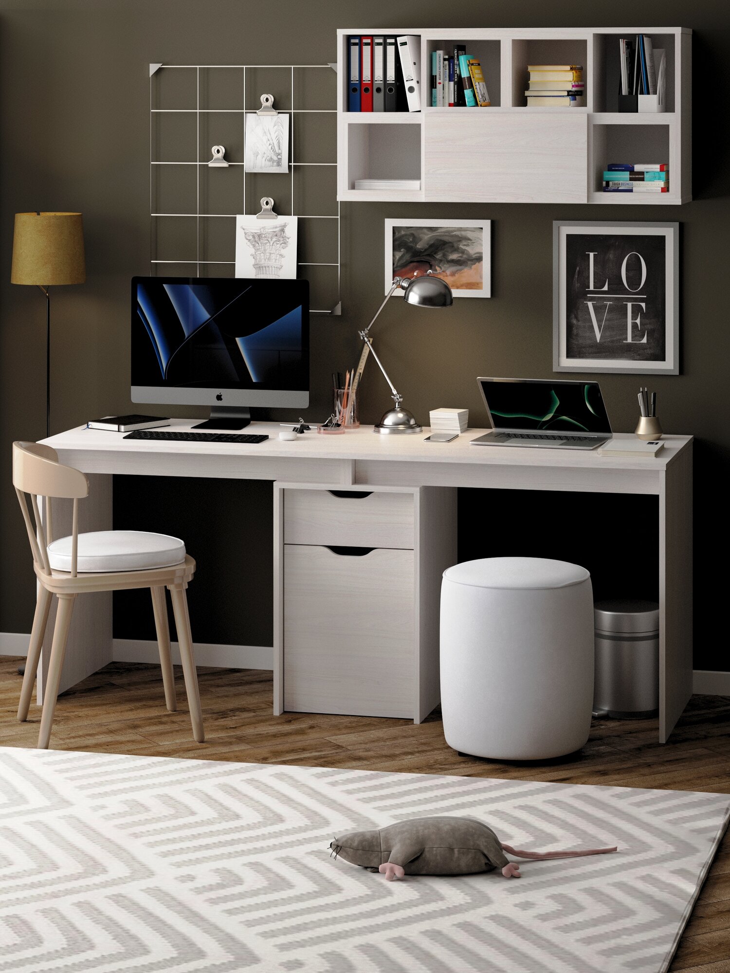 Есэндвич Grand Лаворо 6 Компьютерный стол для двоих, двойной, с тумбой 180х60х75 см (Анкор белый)