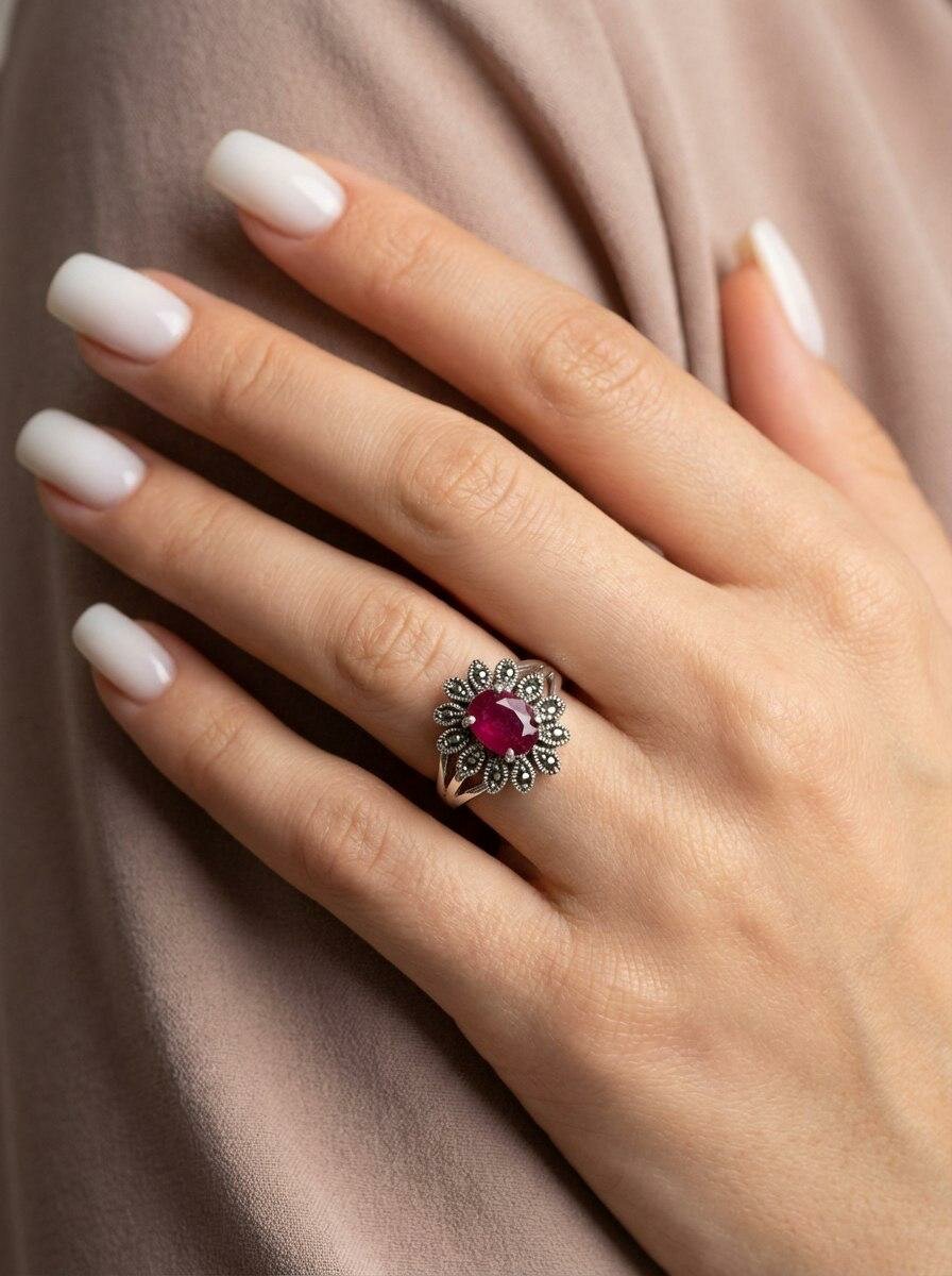 Перстень, серебро, 925 проба, рубин, марказит