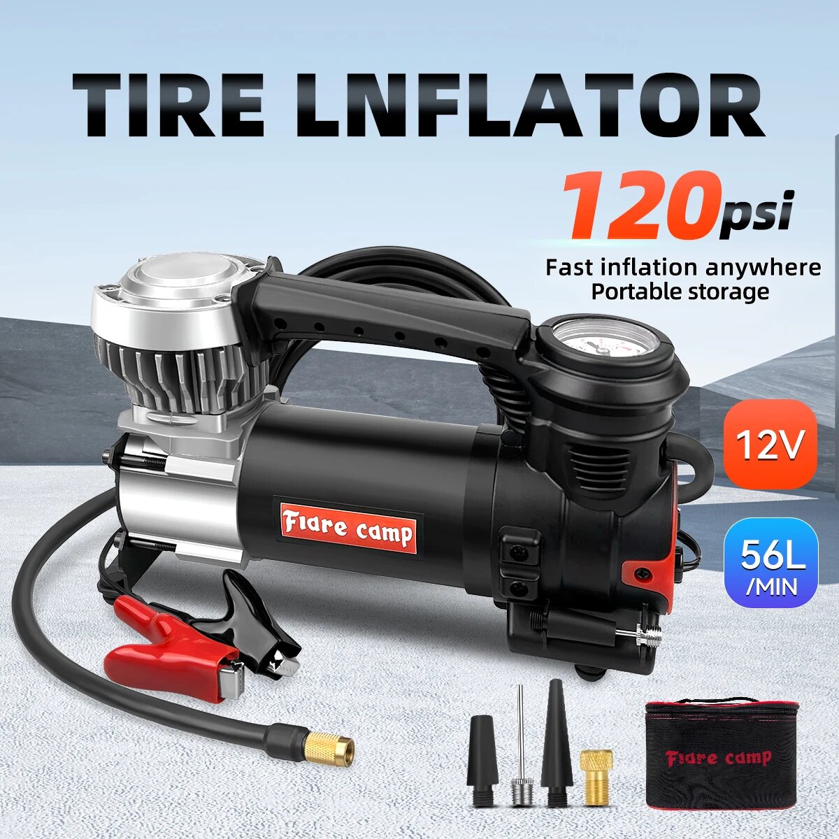 Портативный автомобильный компрессор для подкачки шин (внедорожный/для легковых авто, грузовиков, внедорожников и фургонов), 12В, мощный насос 120 PSI, с зажимами типа «крокодил» P88