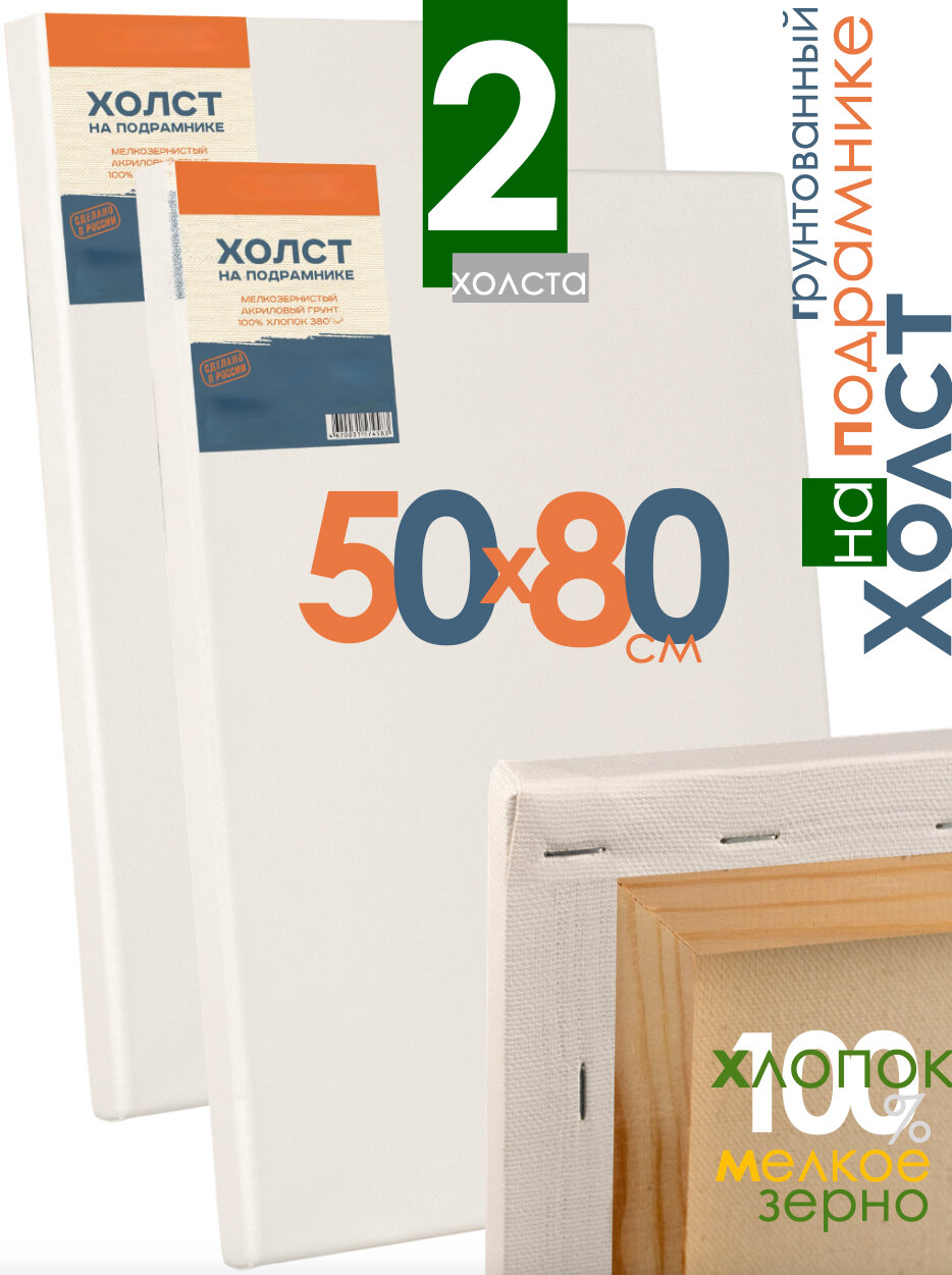 Холст на подрамнике 50х80 см, Комплект 2 шт, хлопок Пинакс, мелкозернистый, 380 гр/м2, артикул SF-ХПХ5080-02