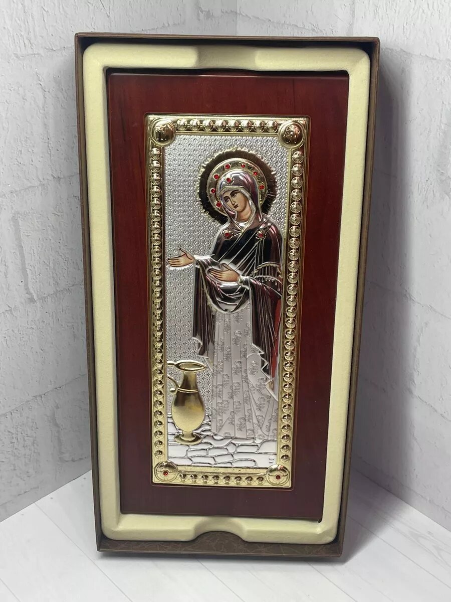 Икона "Божия Матерь Геронтисса", дерево, металл, 11x23см, лакировка, серебряный оклад