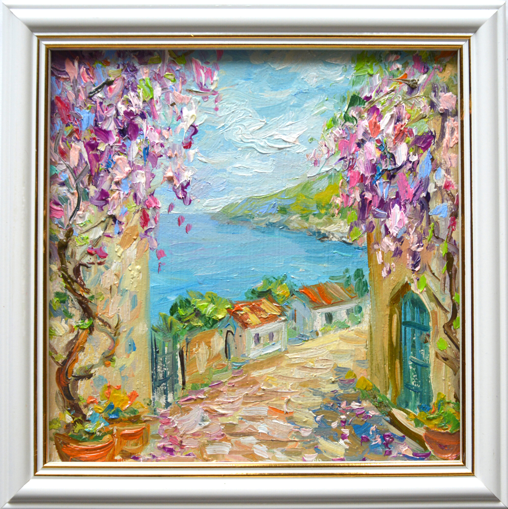 Картина "Улочка с глицинией" 15х15 см, картон/масло, с рамой, ручная работа