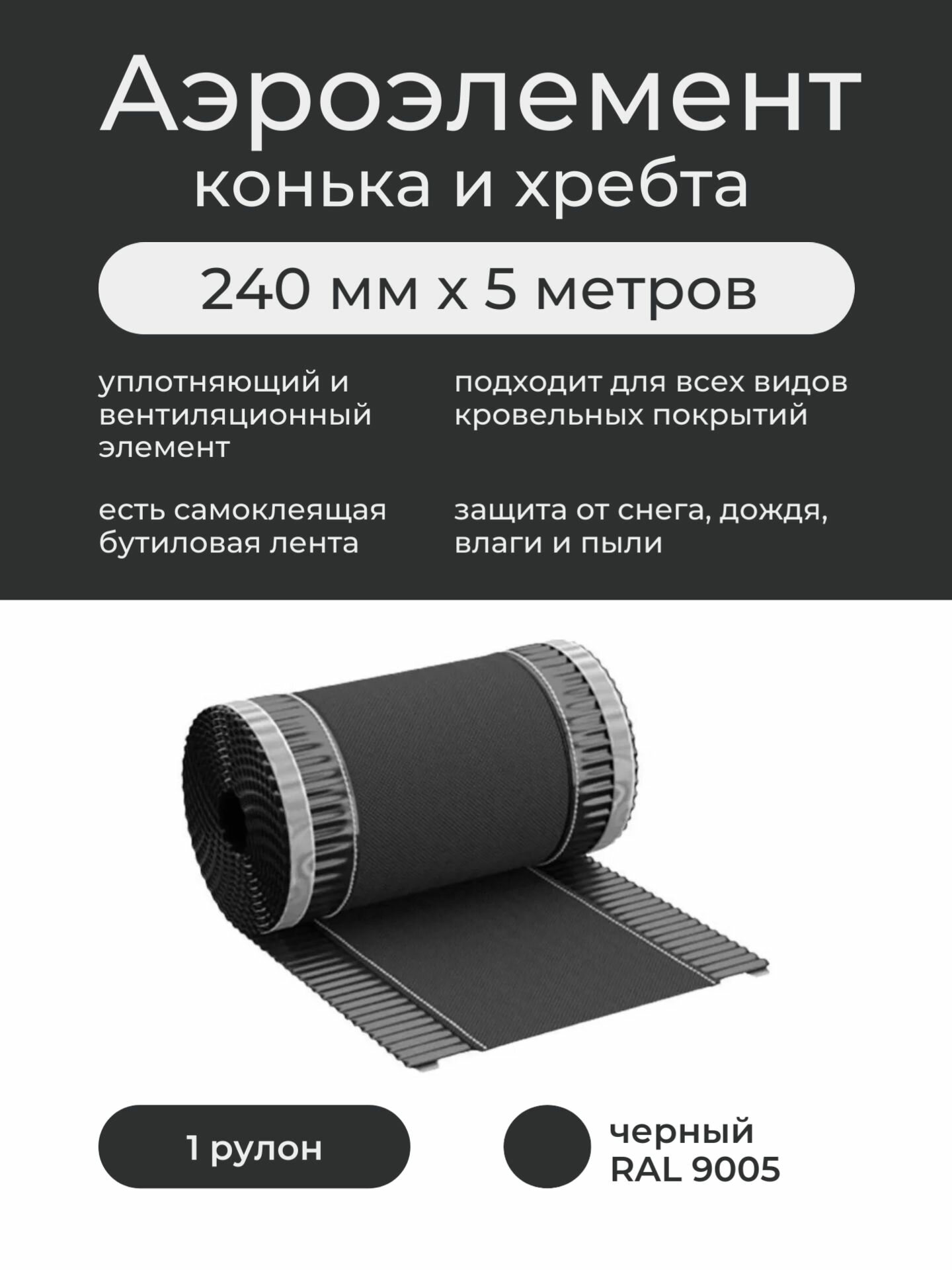 Аэроэлемент конька и хребта чёрный RAL 9005 5000х240 мм (лента коньковая вентиляционная)