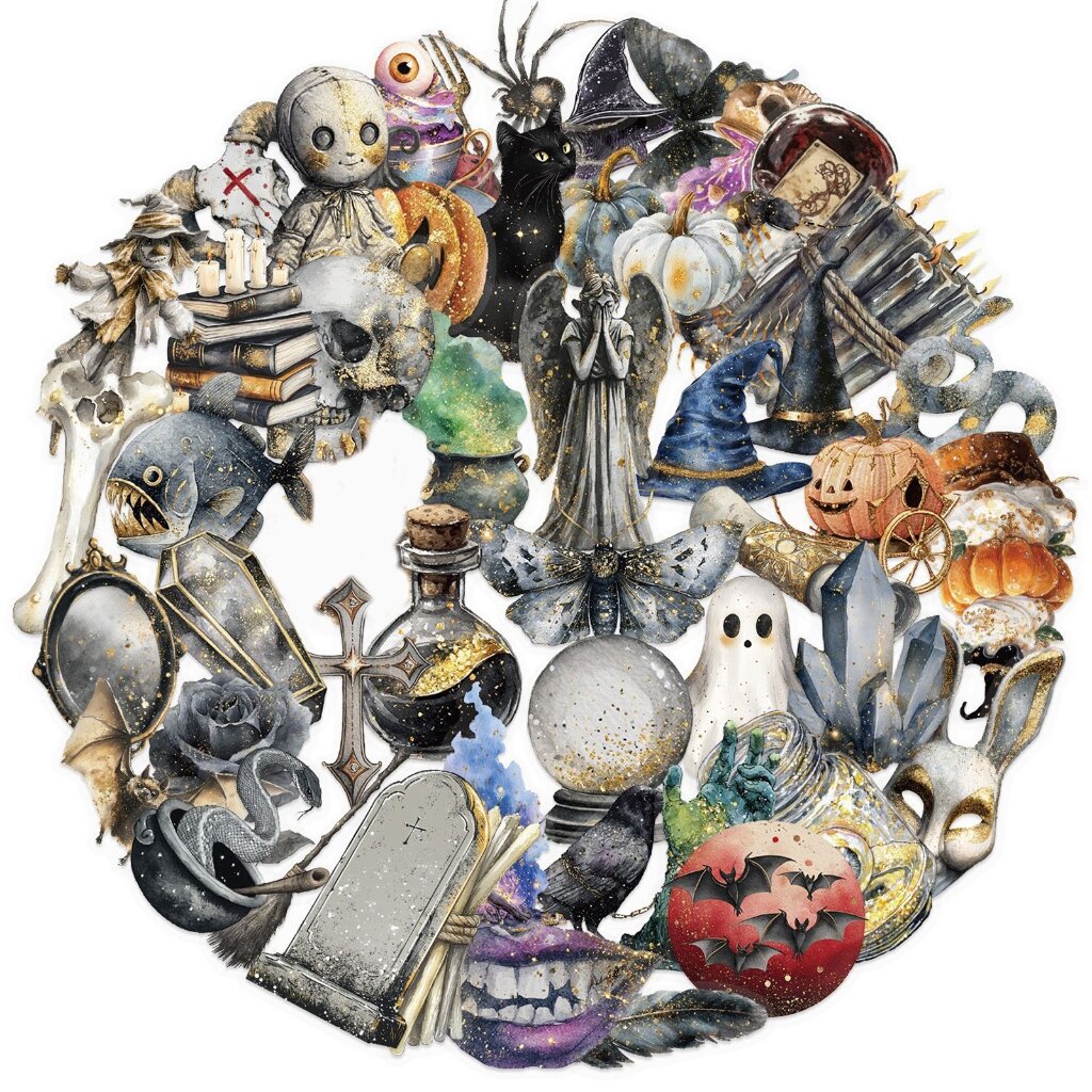 Creative Collectible PET Transparent Stickers Halloween Cartoon Art Waterproof Adhesive For DIY Projects 50 Pack