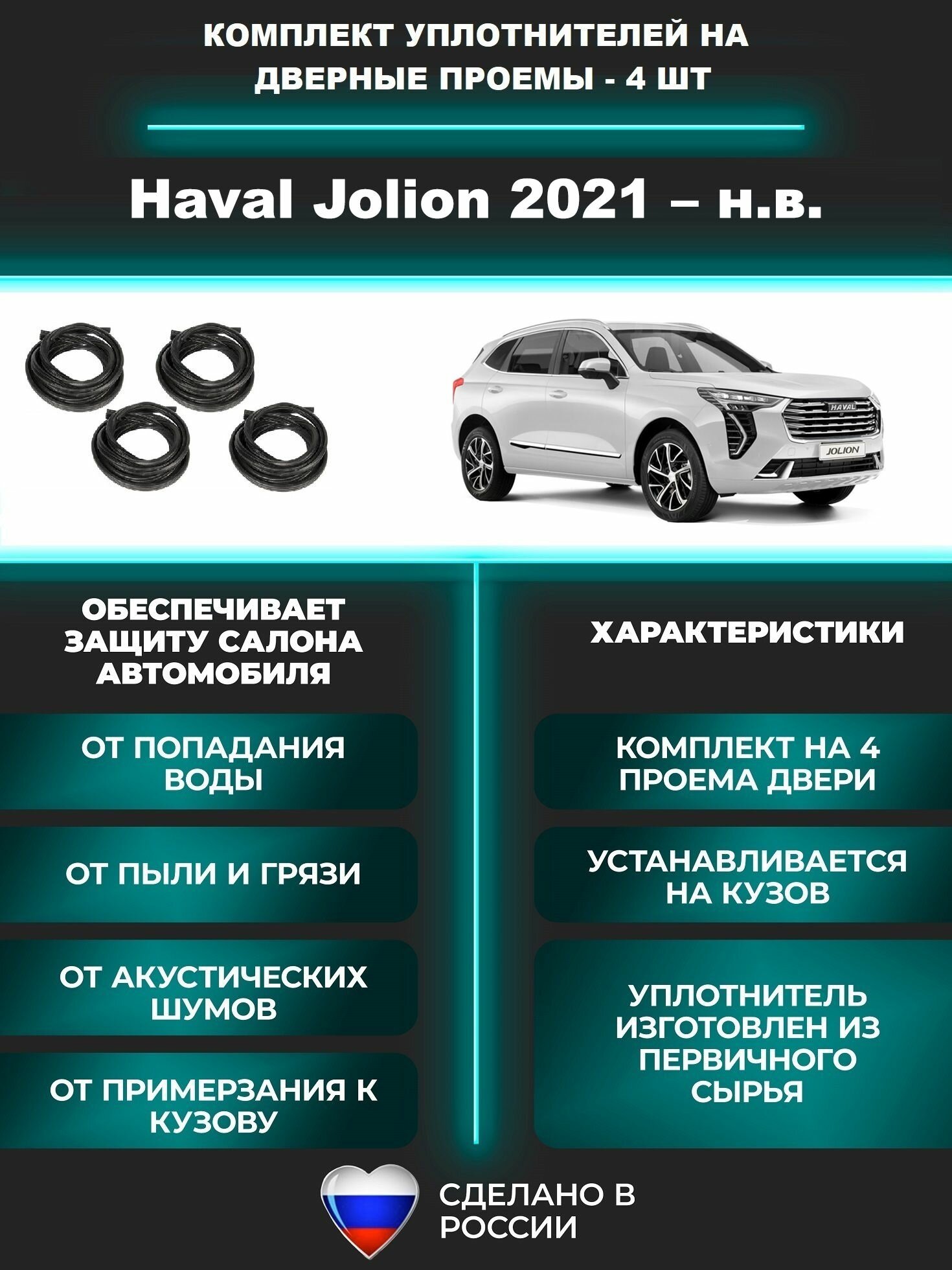 Комплект уплотнителей проемов дверей для Haval Jolion 2021-н. в, Хавэйл Хавал Джолион (на 4 дверных проема - 2 передних и 2 задних)