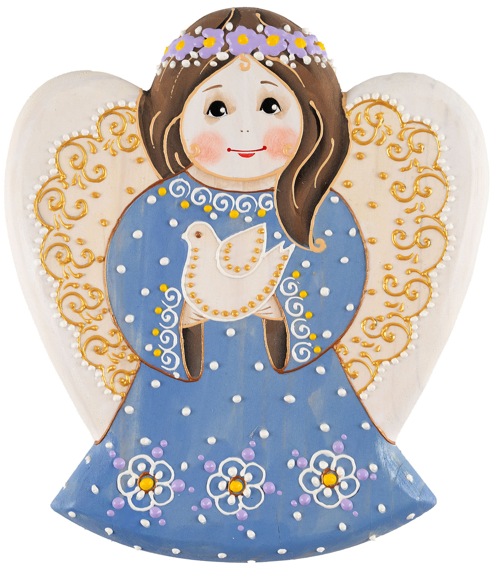 Подвеска деревянная ручной работы Ангел с большими крыльями в голубом платье с голубем (693102)