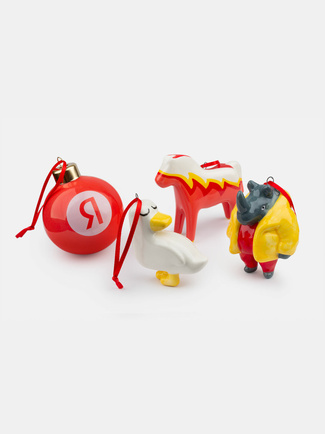 Набор ёлочных игрушек Яндекс «Лошадка, носорог, гусь и шар», керамика, 4 шт.