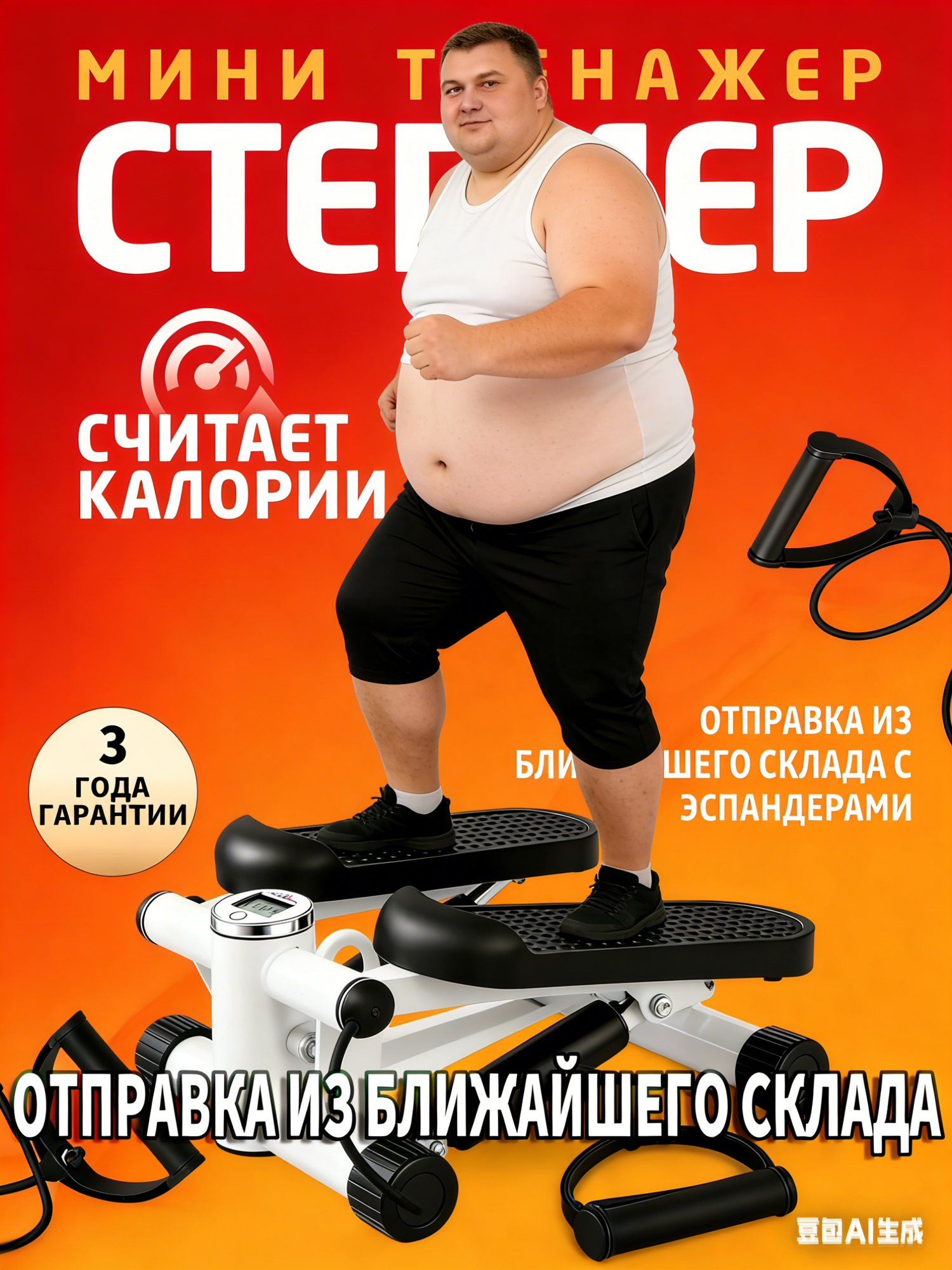 Степпер с эспандерами, тренажер для дома, белый, до 300 кг