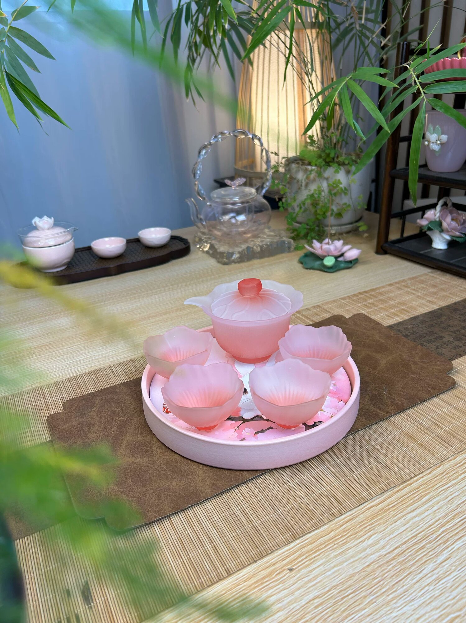 Набор чайных чашек из розового стекла «Сакура»: полный комплект для чаепития, домашний набор для кунг-фу чая, чайная