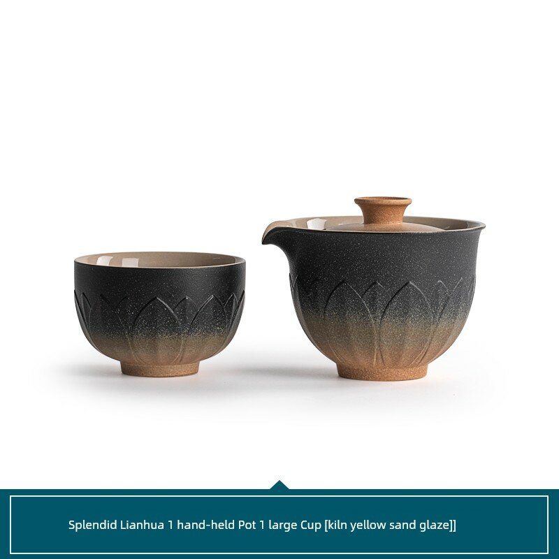 Чайник лотос с переменной желтой песчаной глазурью и набором большой чашки для путешествий