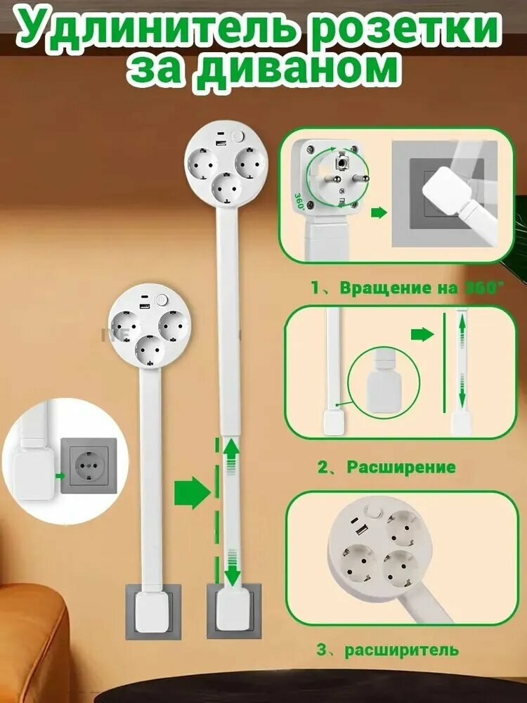 Эксклюзивный сетевой удлинитель с портами USBA и USBC, длиной от 47 до 67 см, для размещения за мебелью с возможностью поворота на 180 градусов